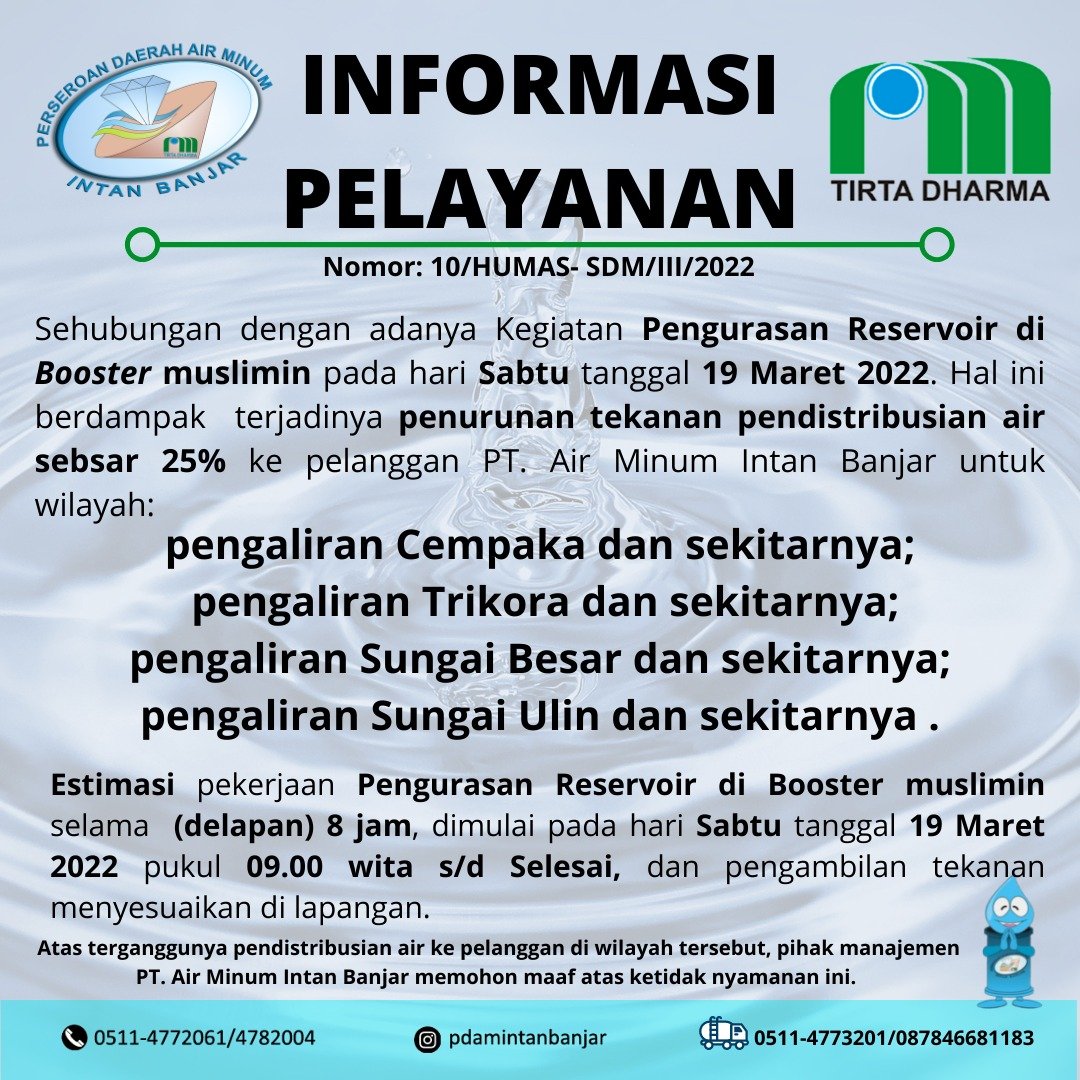 INFORMASI Pelayanan PDAM Intan Banjar: Pengurasan Reservoir 19 Maret ...
