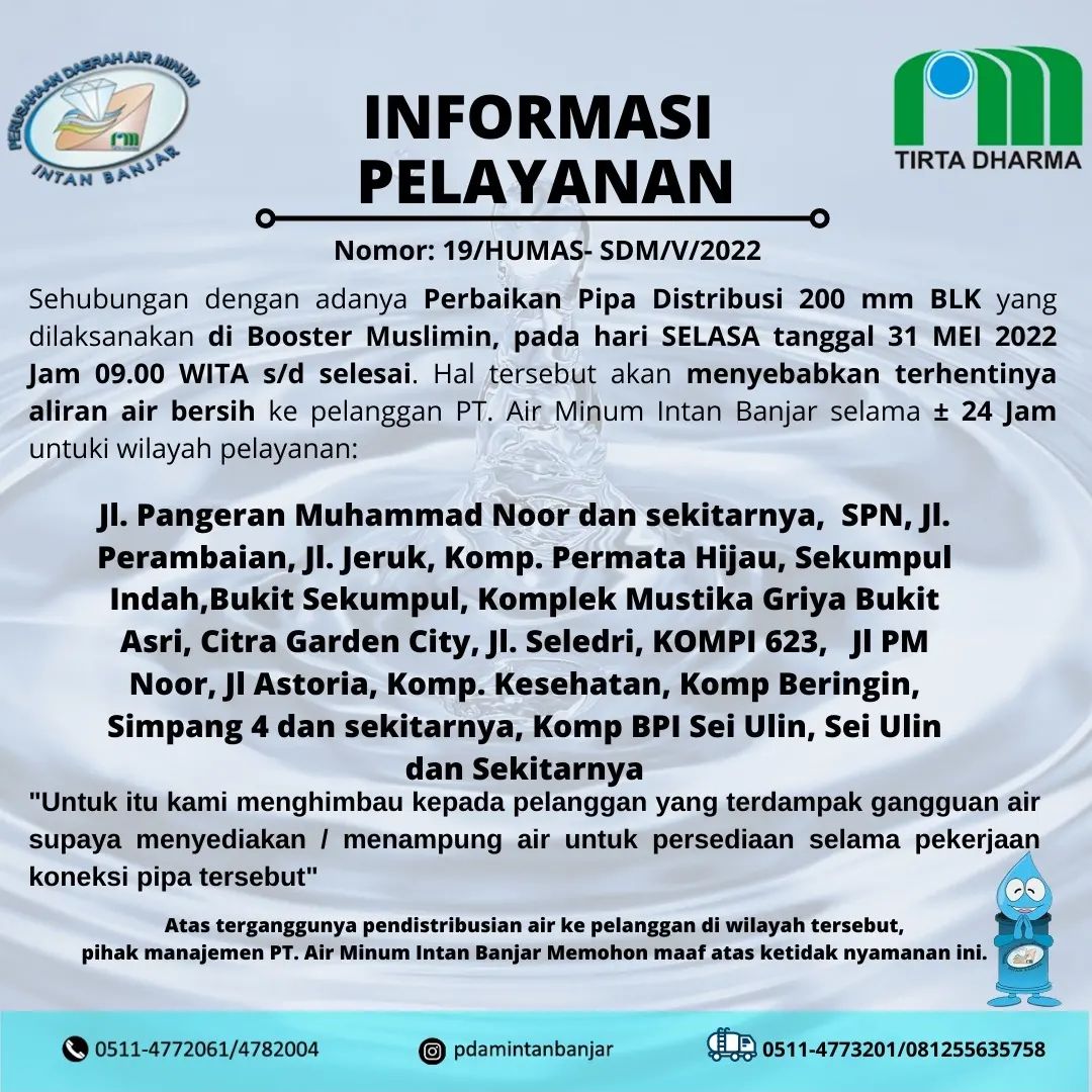 INFORMASI PELAYANAN 14 Mei 2022 - PDAM Intan Banjar - Suar Indonesia